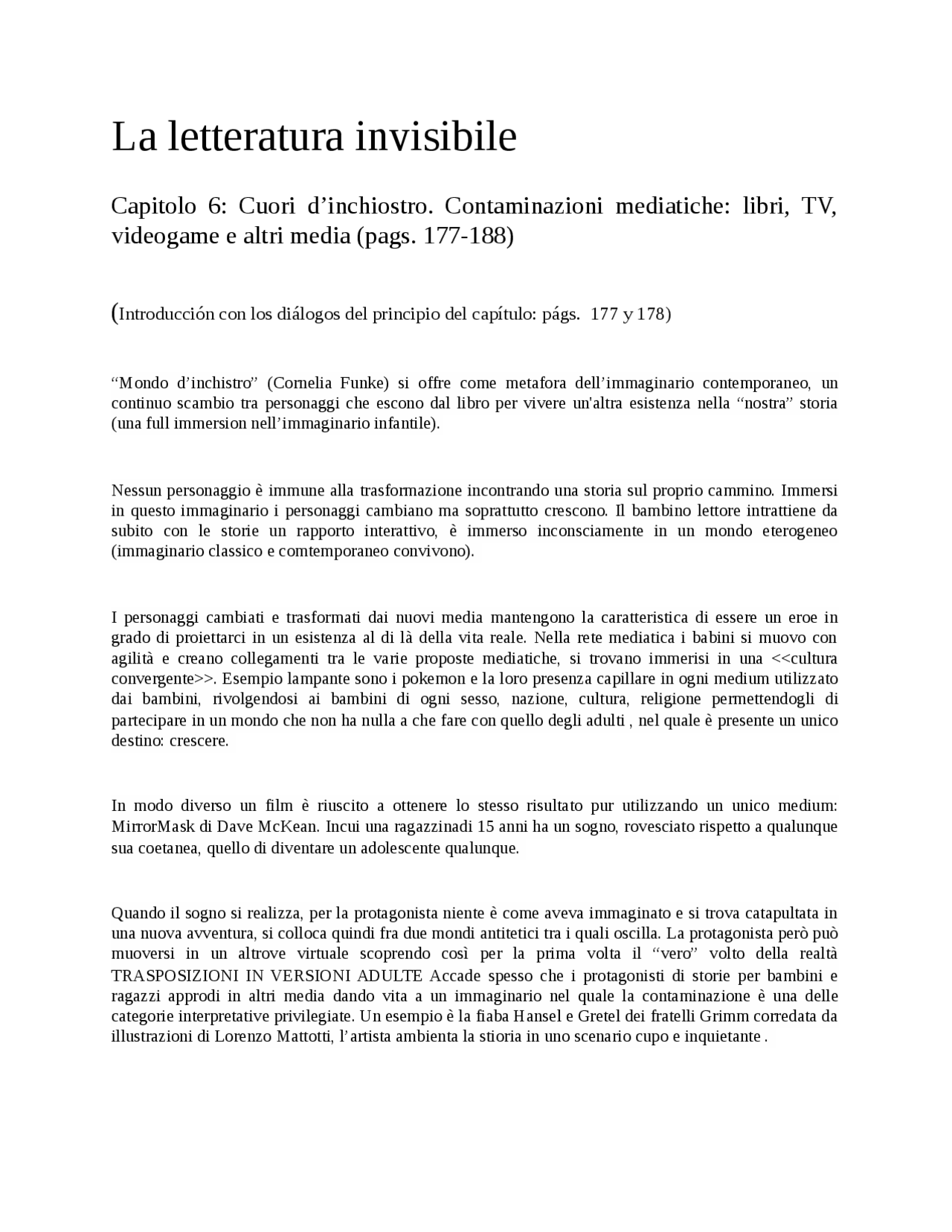 Riassunto Letteratura Invisibile Capitolo 6 Docsity