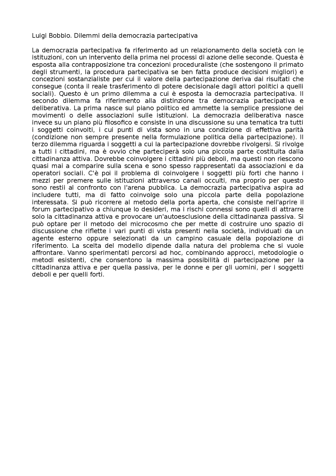 Riassunto Dilemmi Della Democrazia Partecipativa Luigi Bobbio Docsity