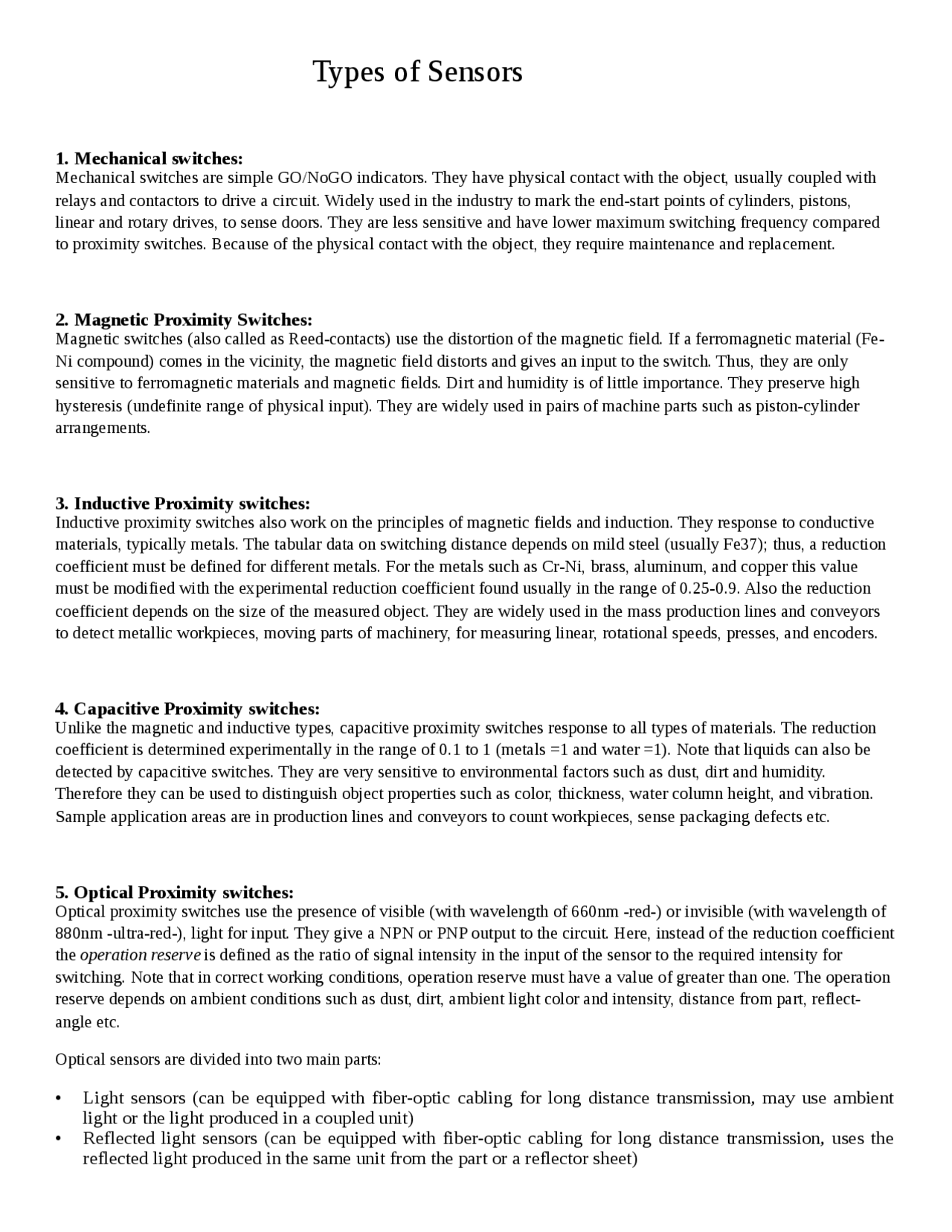Types Of Sensors Docsity