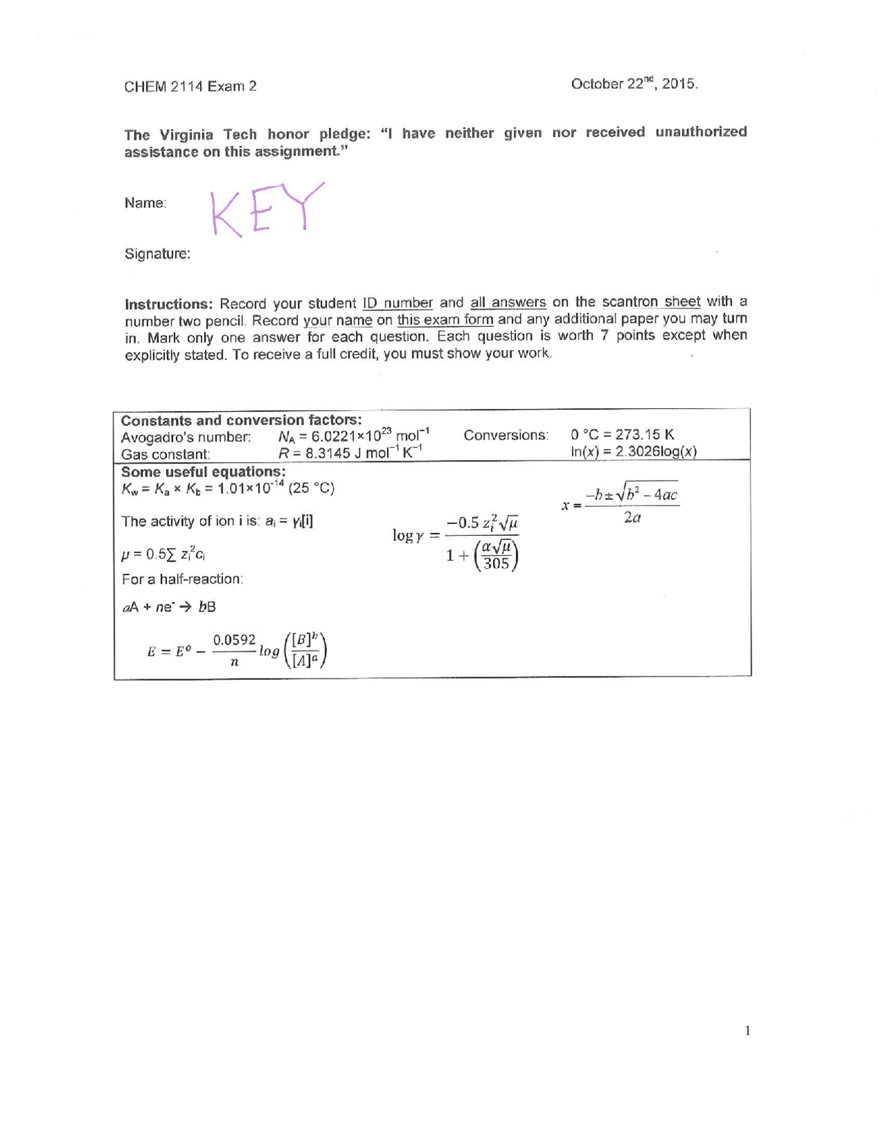 Exam 2 Answer Key Analytical Chemistry Chem 2114 Docsity