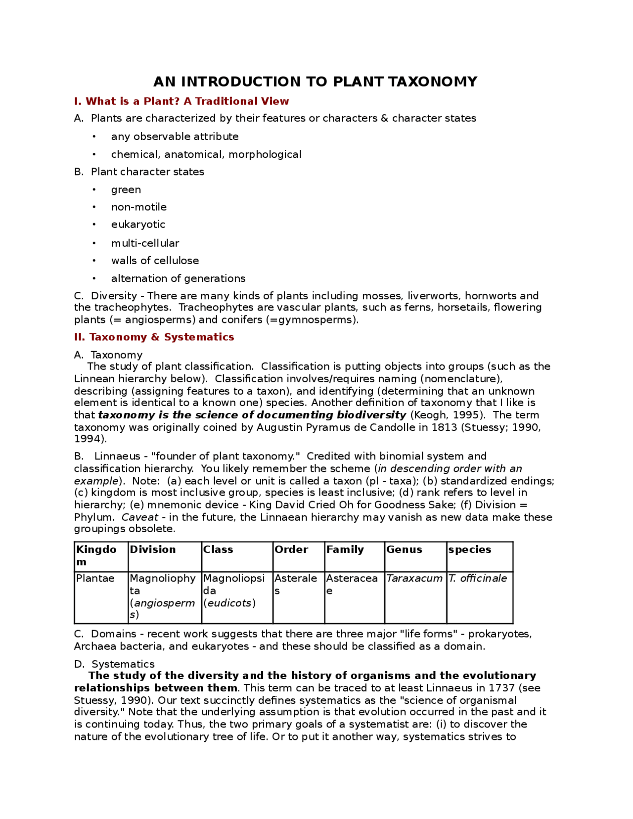 An Introduction To Plant Taxonomy Docsity
