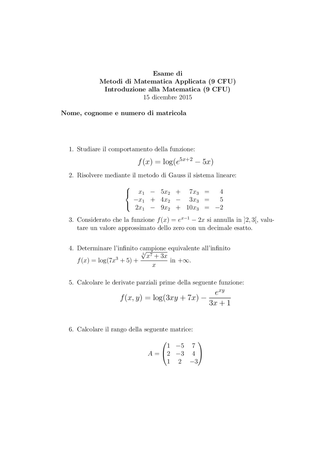 2015 dicembre metodi di matematica applicata - Docsity