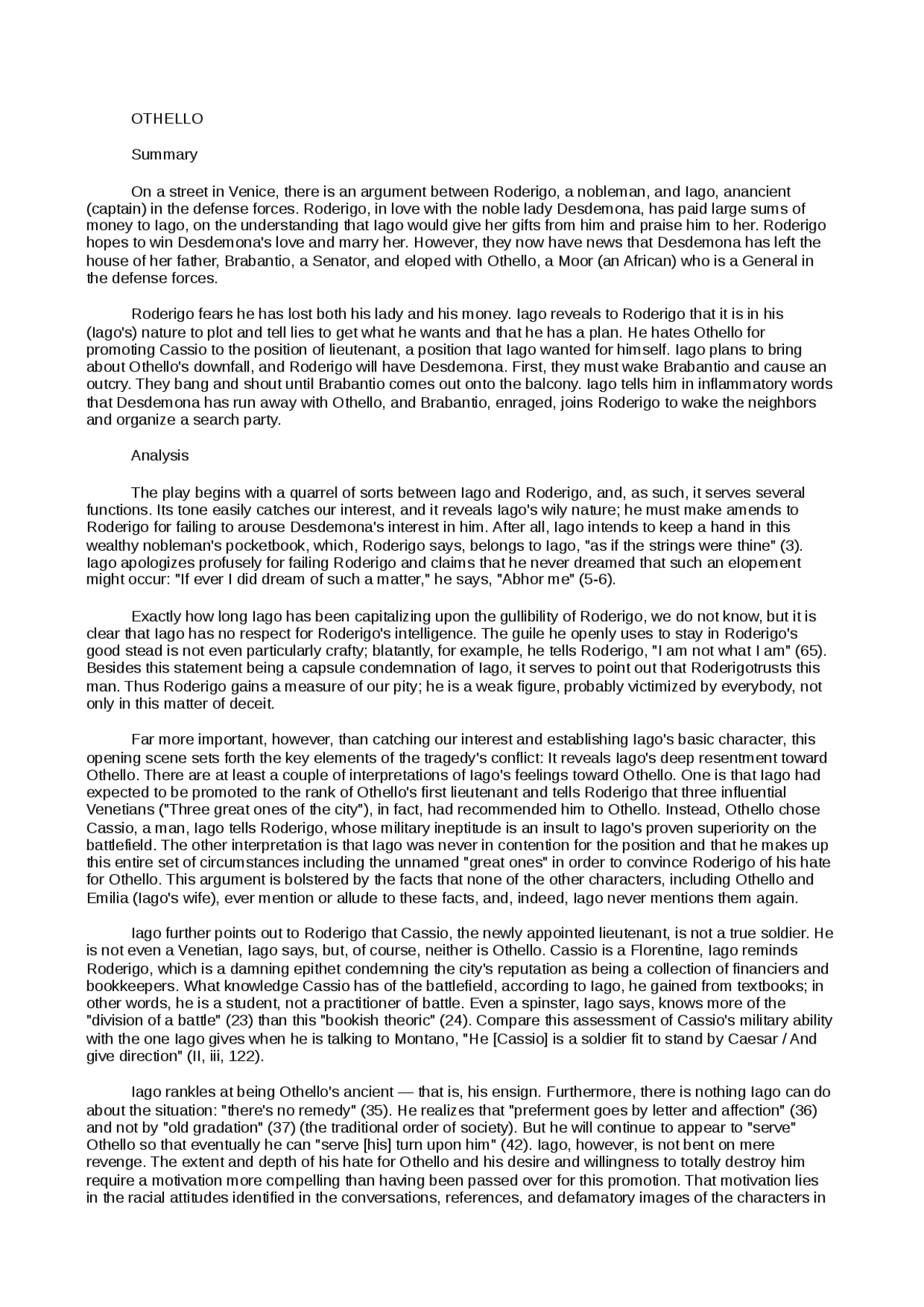 Othello riassunto e analisi - Docsity