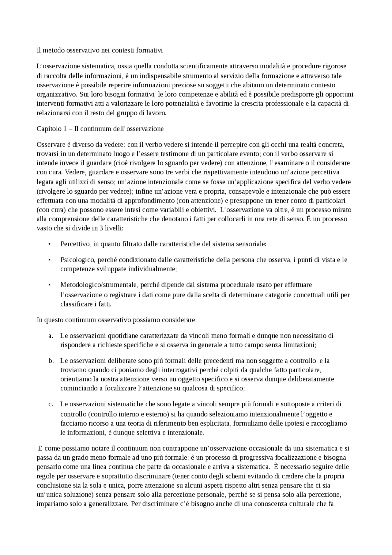 Riassunto Il Metodo Osservativo Nei Contesti Formativi Docsity