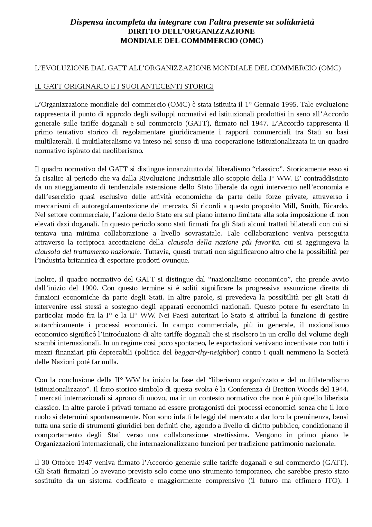 Diritto Del Commercio Internazionale Dispensa Docsity