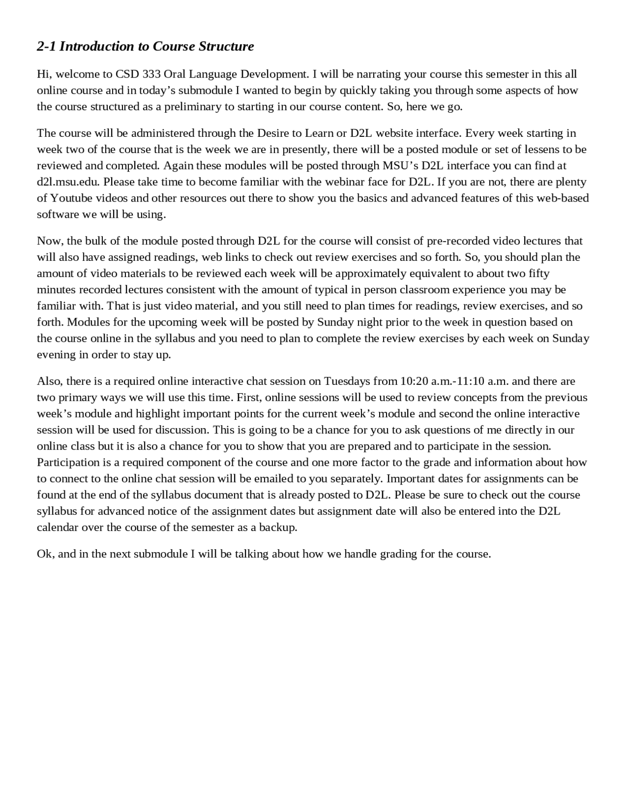 Introduction to Course Structure - Oral Language Development | CSD 333 - Docsity