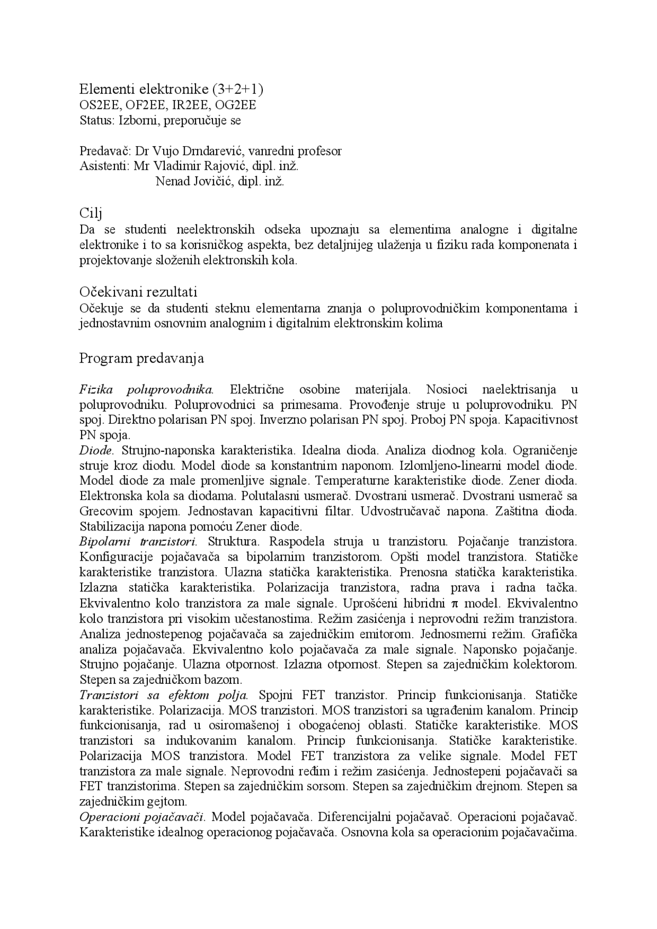 Program Predavanja Elementi Elektronike Beleške Predlog Osnove