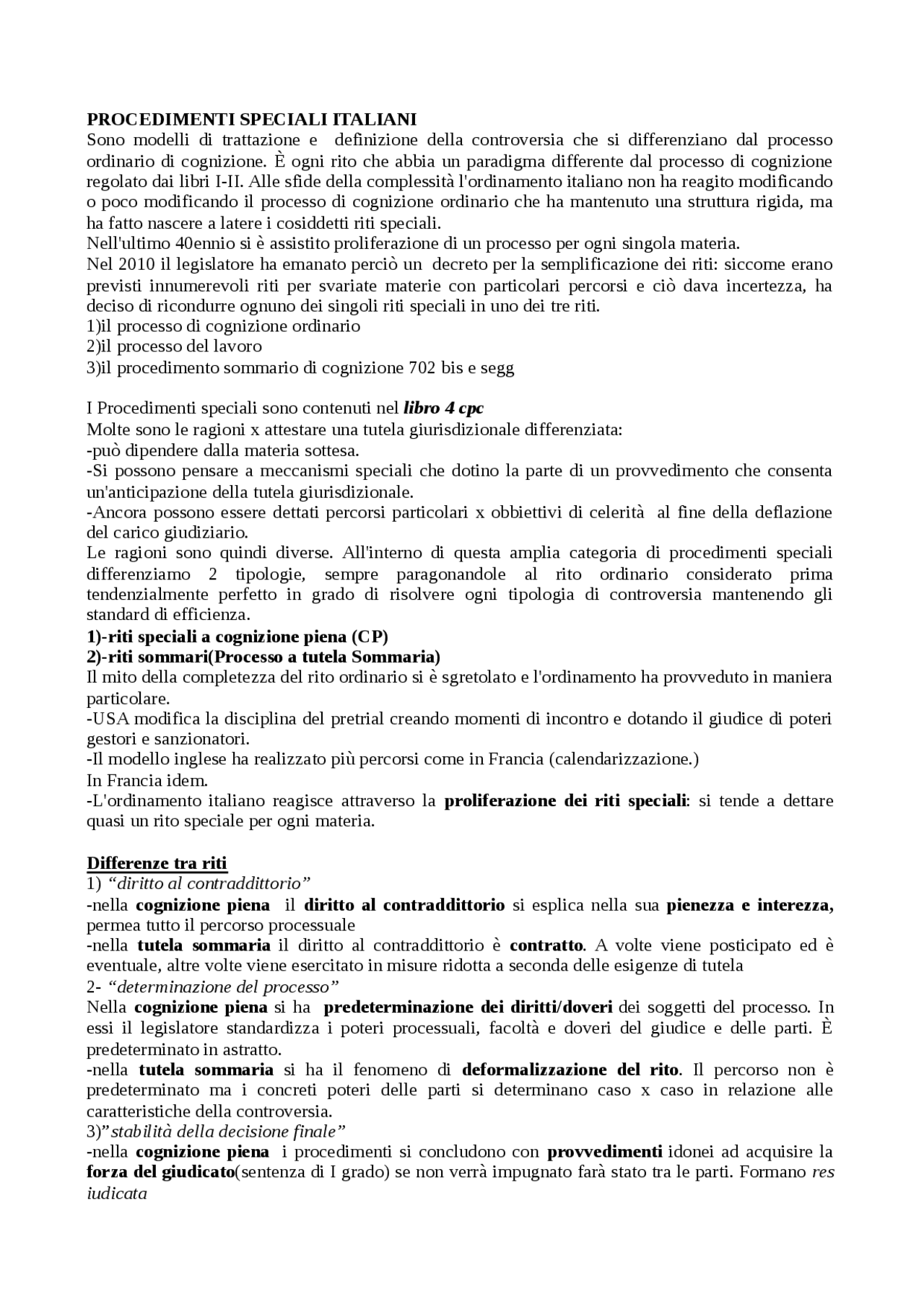 Procedura civile ii procedimenti speciali italiani - Docsity