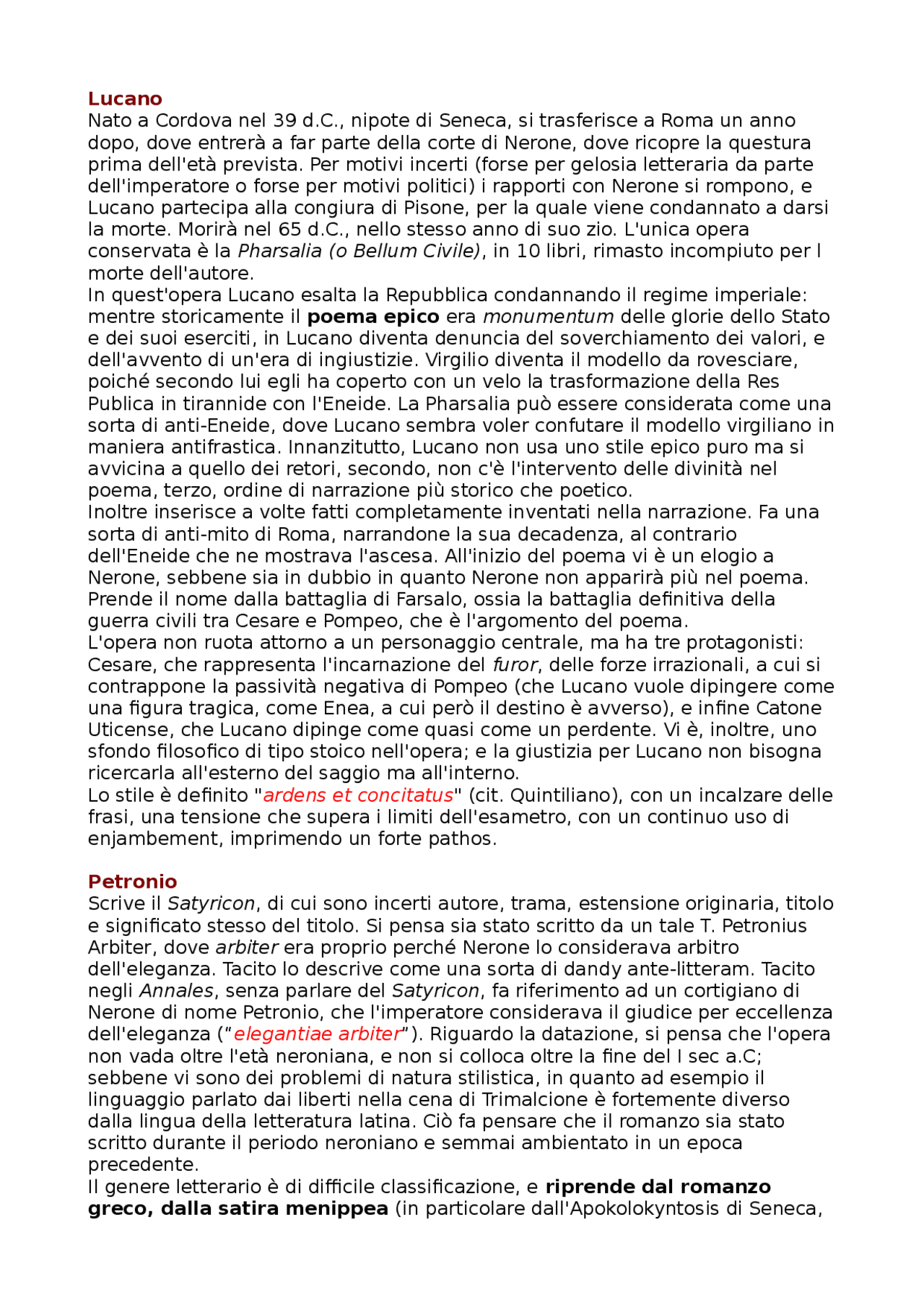 Riassunti di letteratura latina (Lucano, Petronio, Persio, Giovenale, Marziale, Quintiliano ...