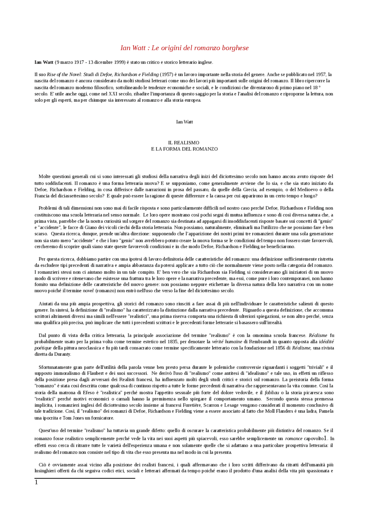 Ian Watt Riassunto Docsity