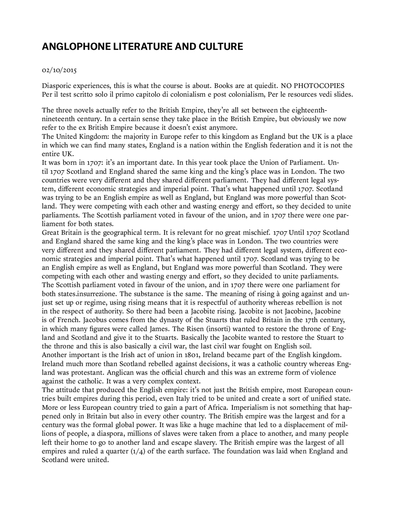 Anglophone literature and culture - Docsity