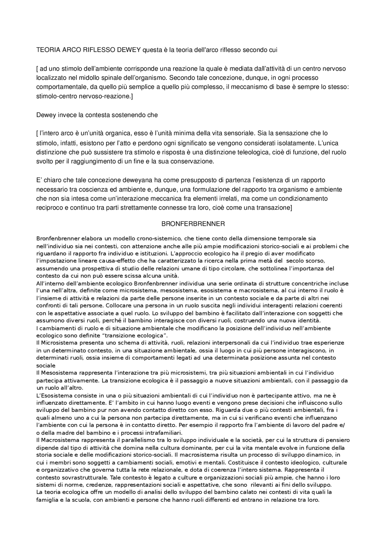 Teoria arco riflesso dewey | Appunti di Psicologia dello Sviluppo | Docsity