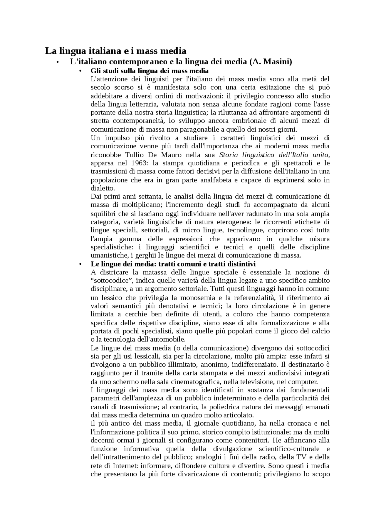 Lingua italiana e mass media - Docsity