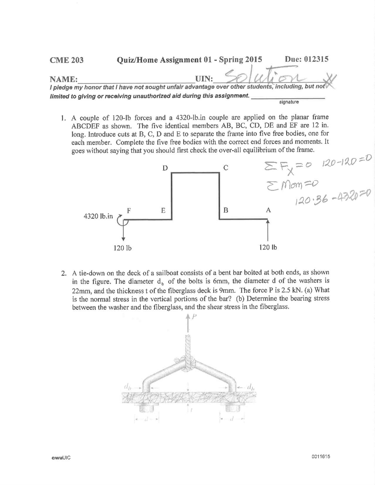 Practice Quiz 1 With Solutions For Strength Of Materials Cme 203