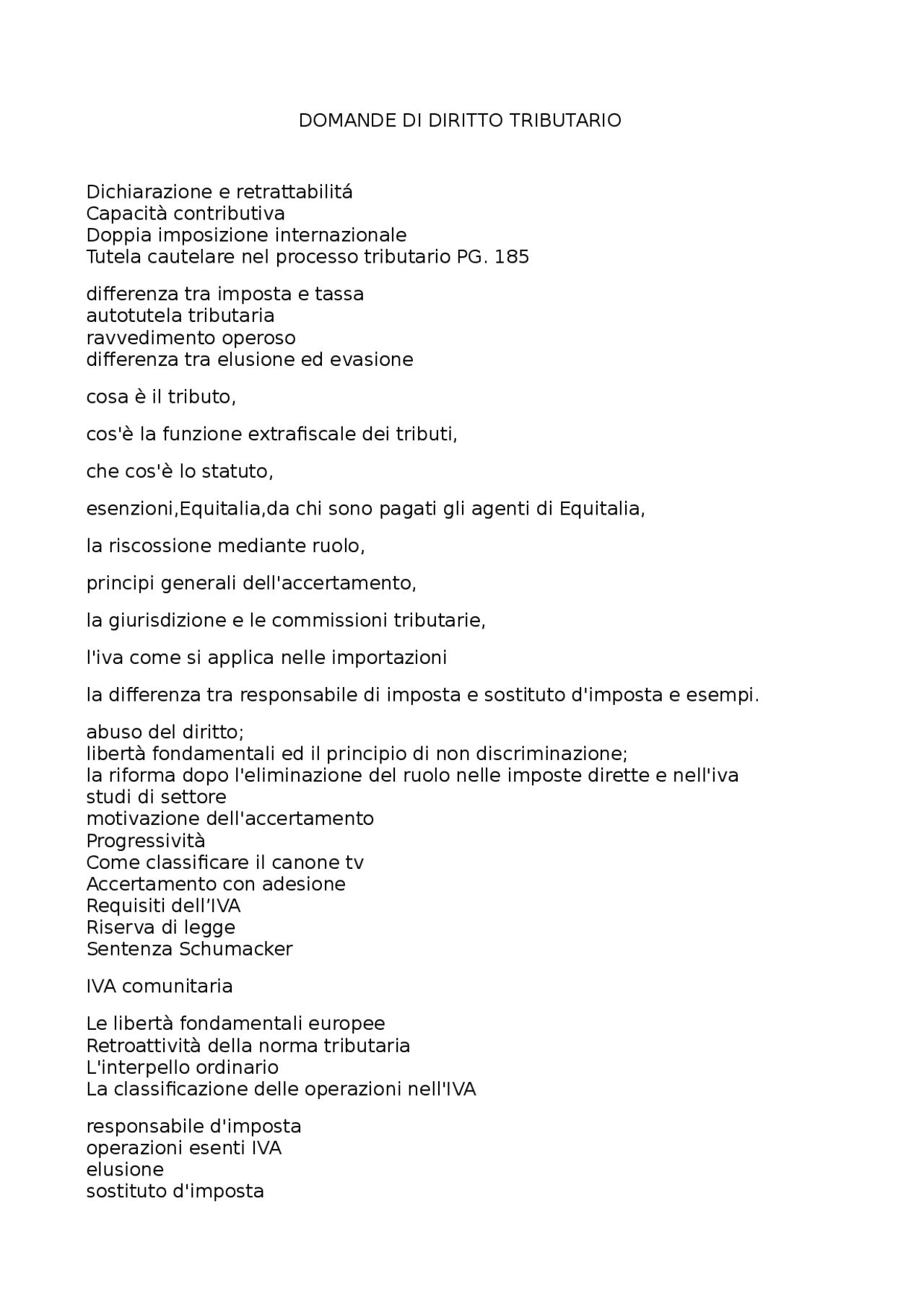 Domande Di Diritto Tributario Prof Iacolari Docsity