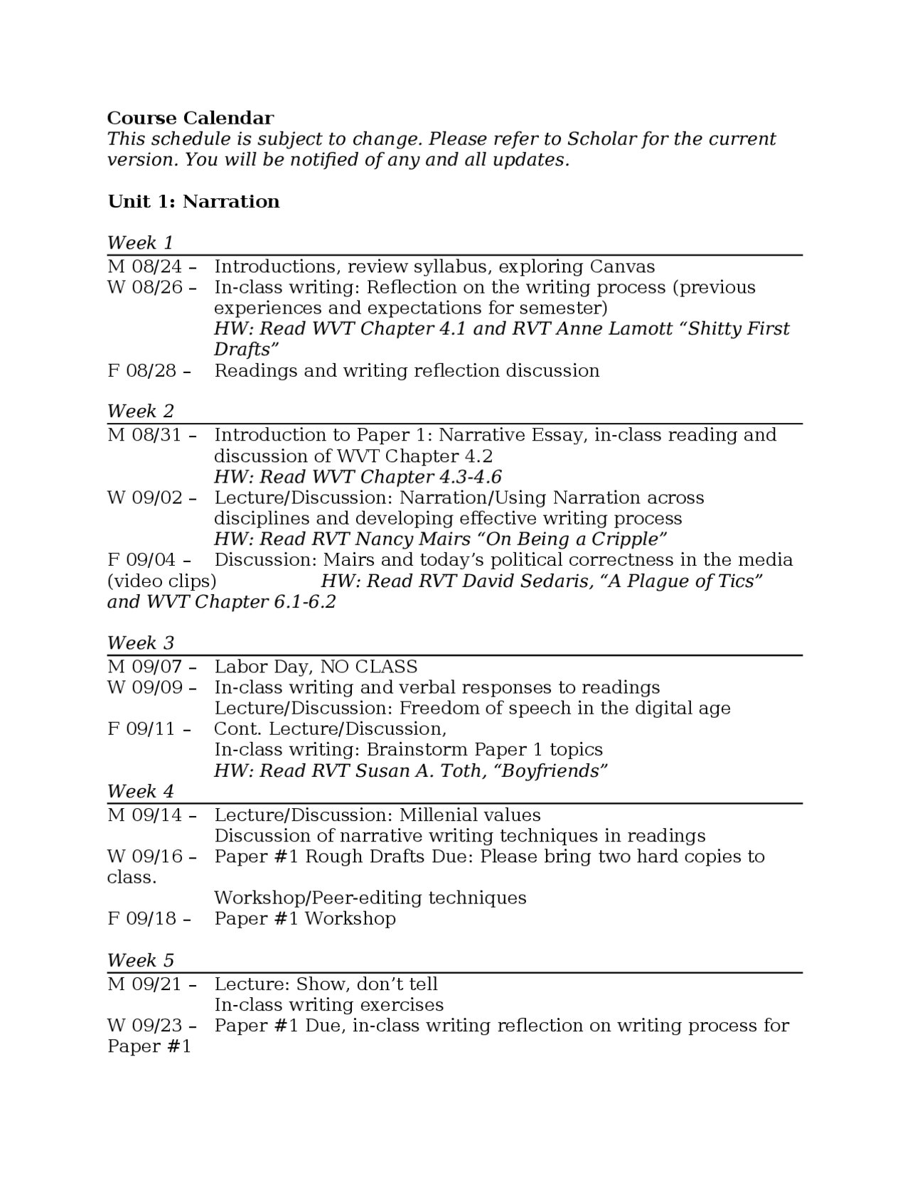 Narration First Year Writing Syllabus Engl 1105 Docsity