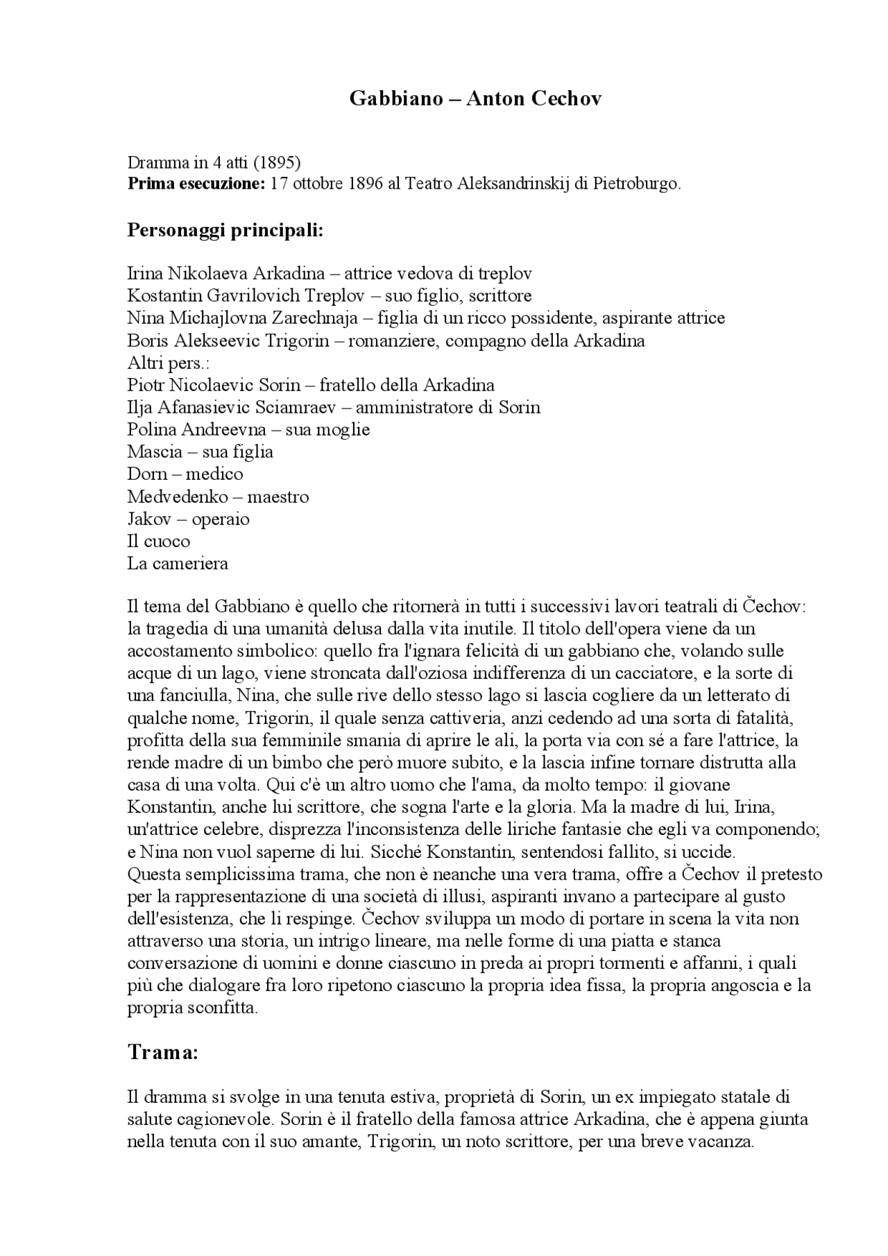 Gabbiano - Anton Cechov - Docsity