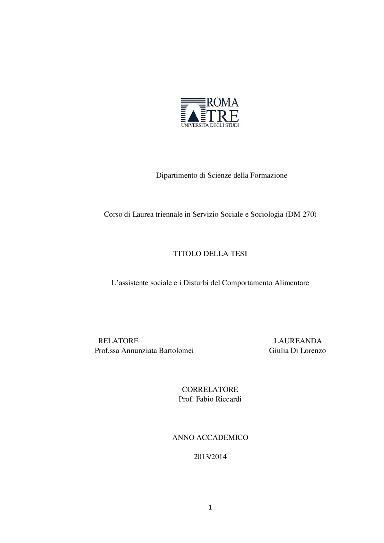 Tesi Di Laurea I Dca E Il Ruolo Dellassistente Sociale Docsity