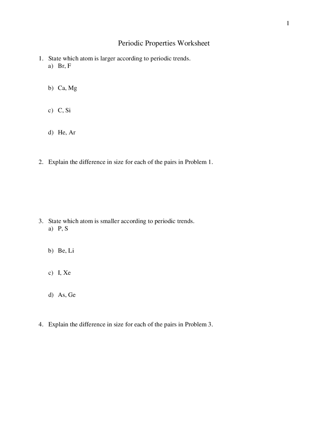 Periodic properties worksheet - Docsity