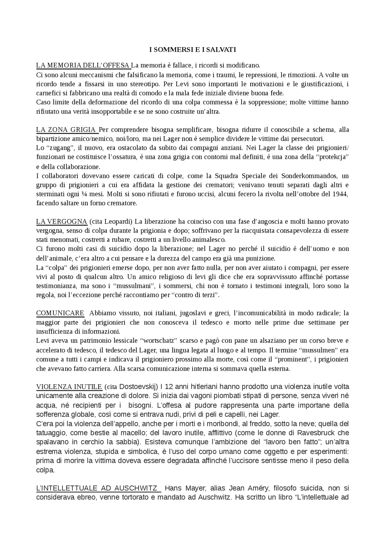 I Sommersi E I Salvati Primo Levi Docsity