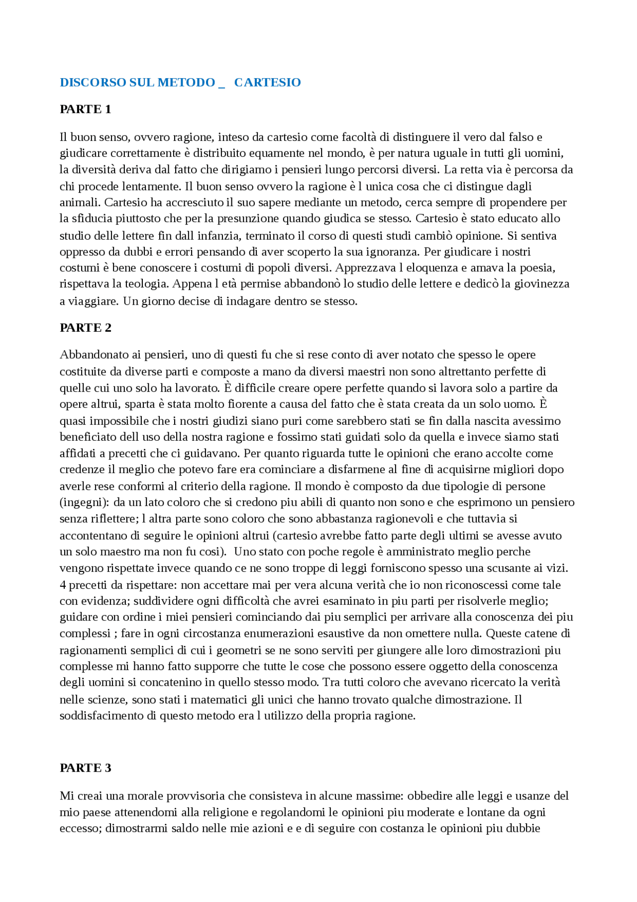 Discorso Sul Metodo Cartesio Riassunto Docsity