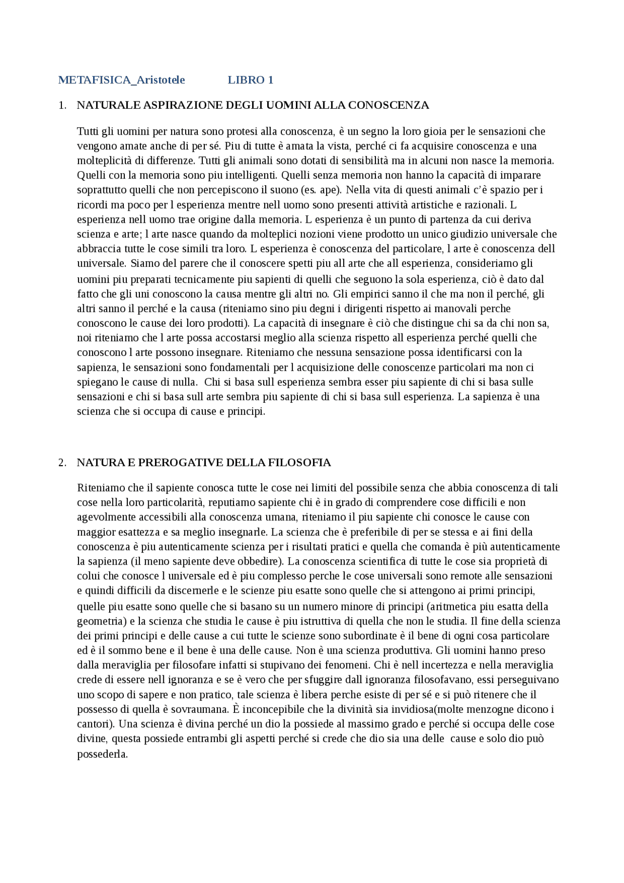 Metafisicaaristotele Riassunto Docsity