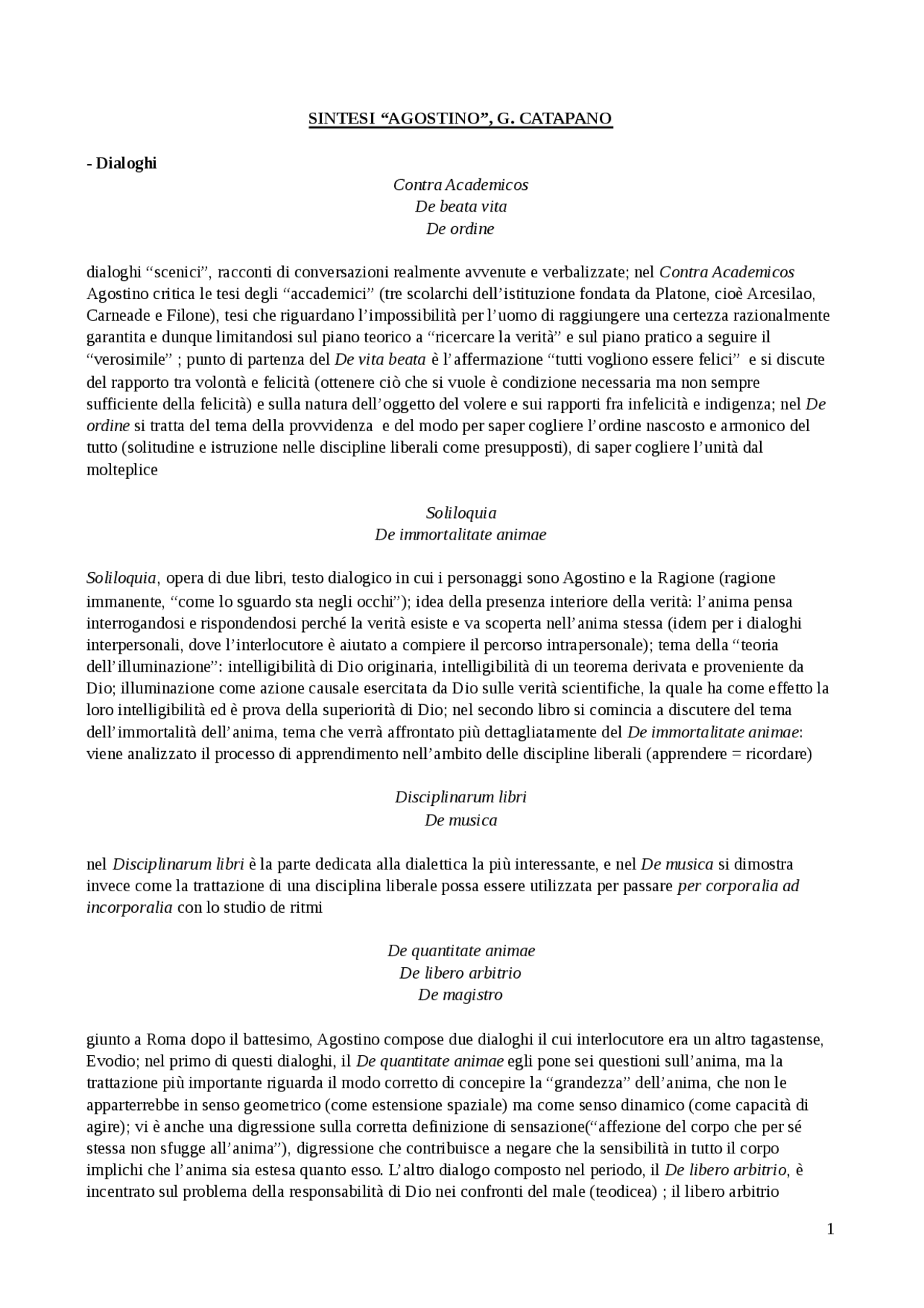 Riassunto Agostino Di G Catapano Docsity