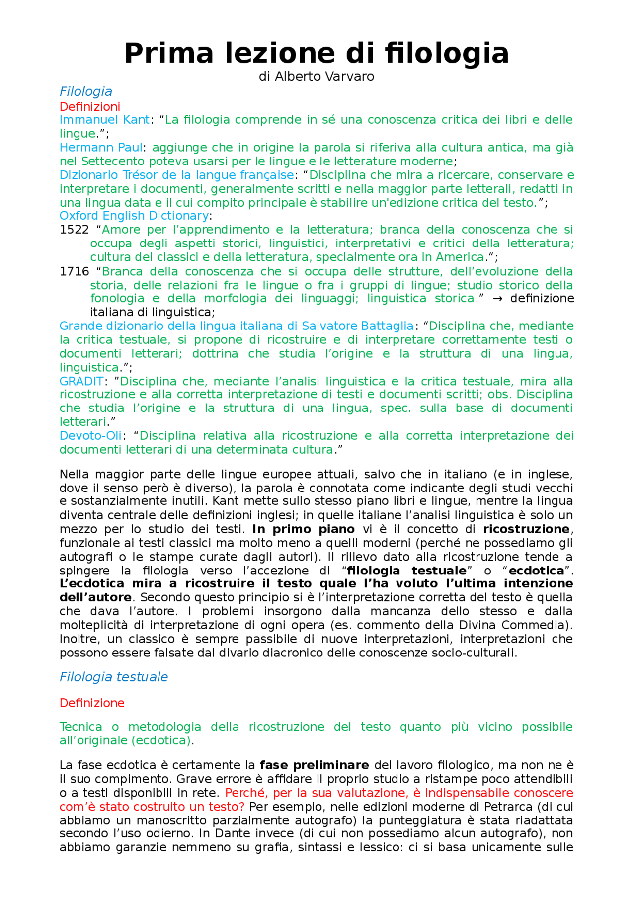 Prima Lezione Di Filologia Di Alberto Varvaro Docsity