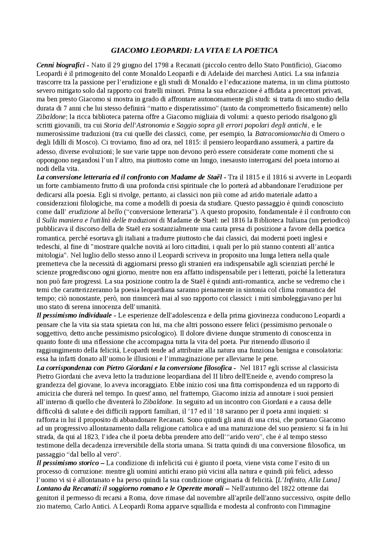 Giacomo Leopardi Docsity