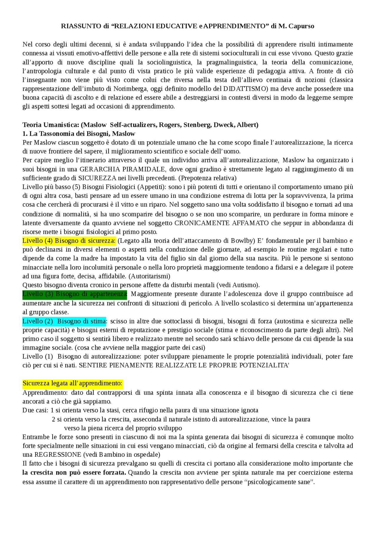 Riassunto Relazioni Educative E Apprendimento Di Mcapurso Docsity