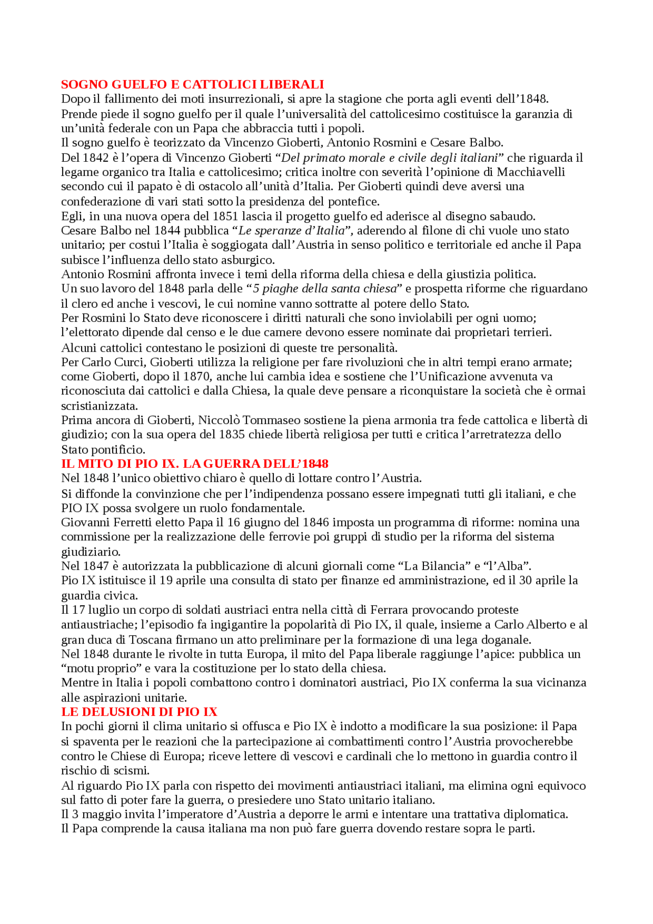 Risorgimento e religione - Docsity