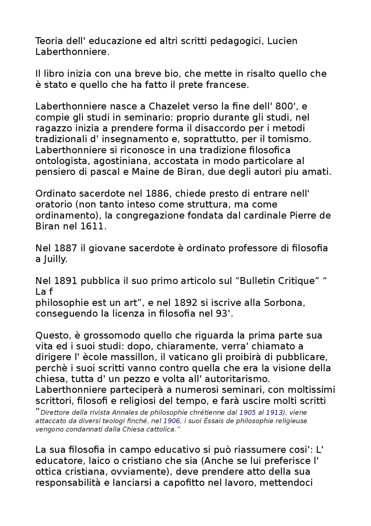 Laberthonniere Riassunto Docsity