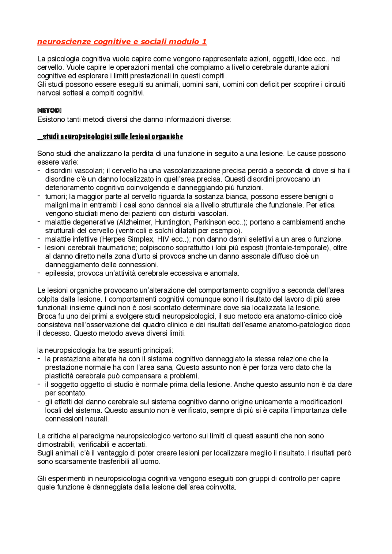 Modulo 1 Neuroscienze Docsity