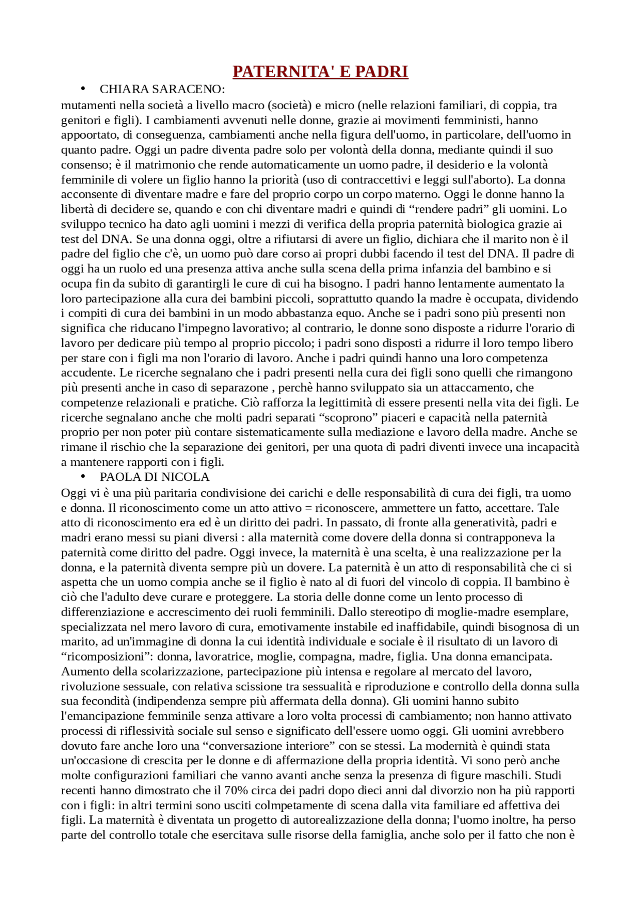 Paternità E Padri Schema Riassuntivo Docsity