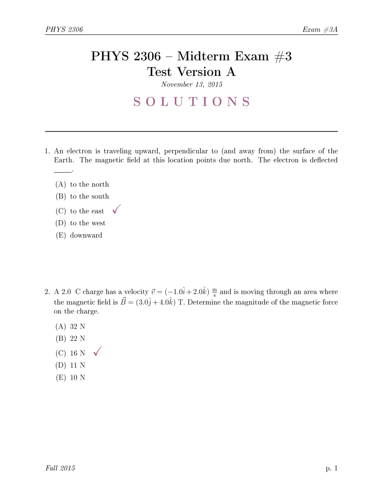Foundations Of Physics I Midterm Exams With Solution Phys 2306 Docsity