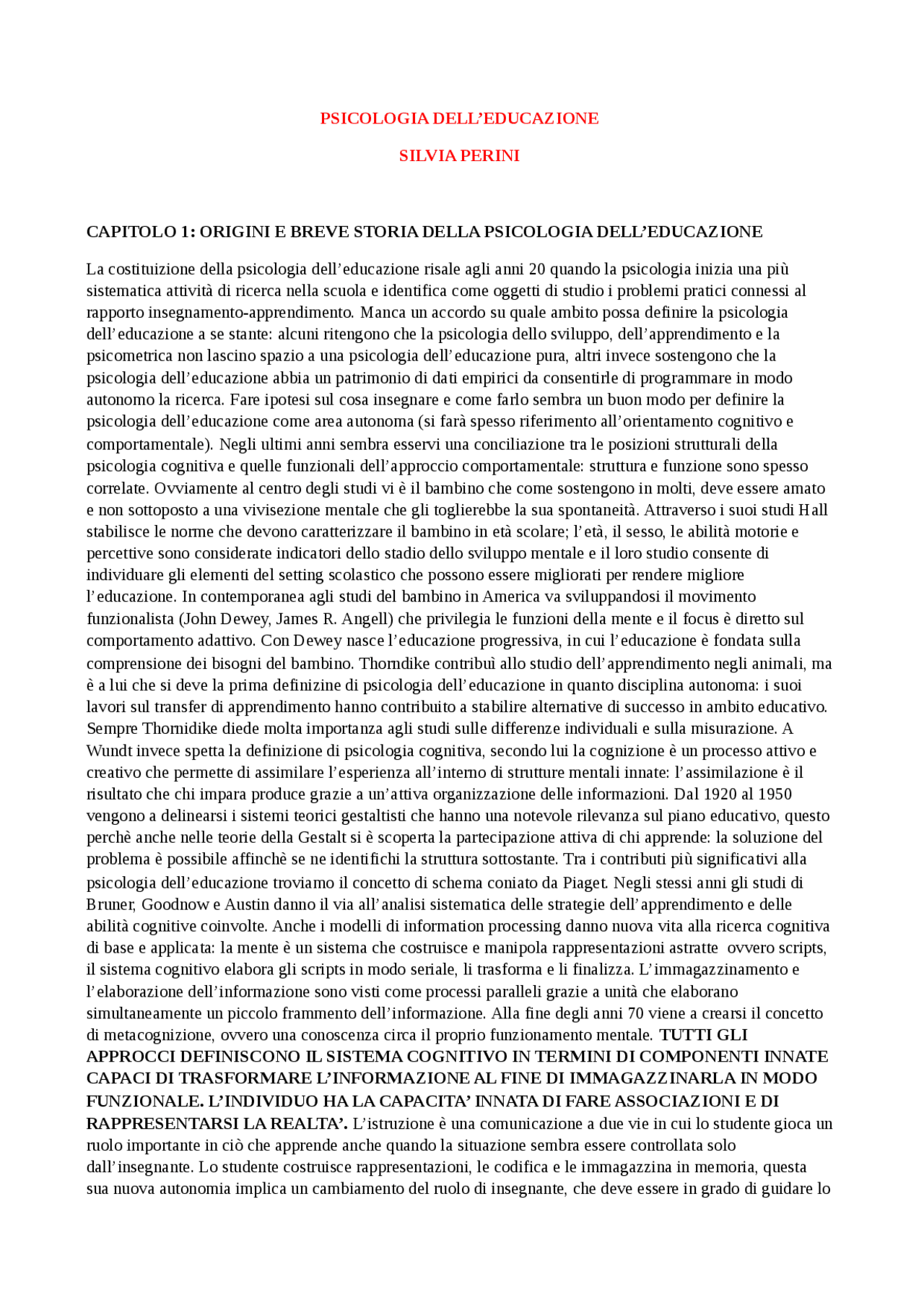 Psicologia dell'educazione silvia perini - Docsity