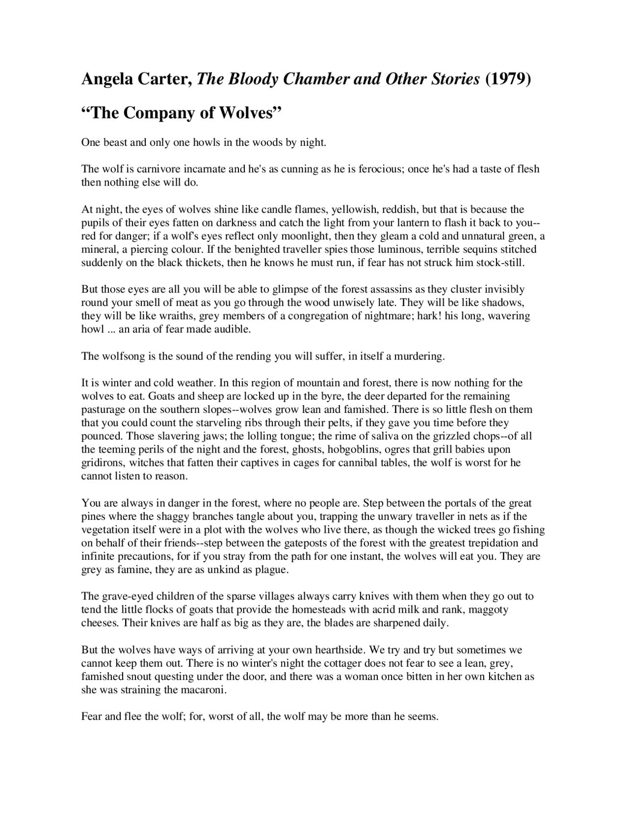 Angela carter the company of wolves - Docsity