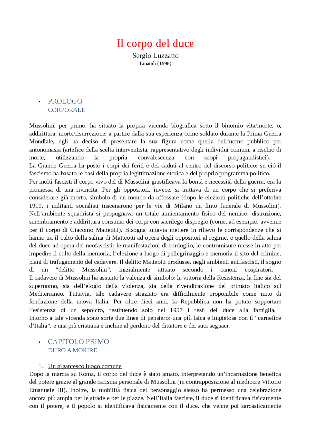 Riassunto Libro Il Corpo Del Duce Docsity