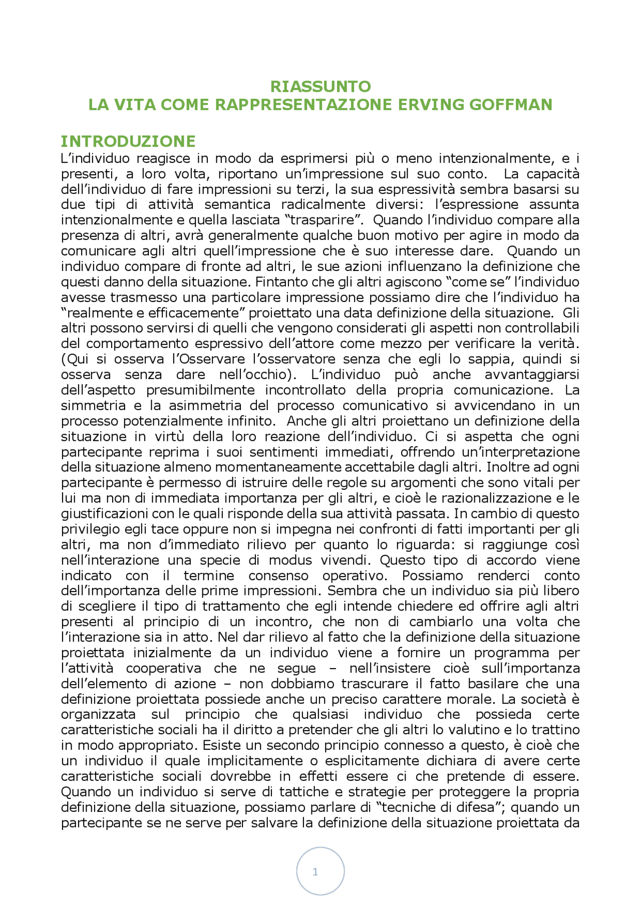 La vita quotidiana come rappresentazione di Erving Goffman - Docsity