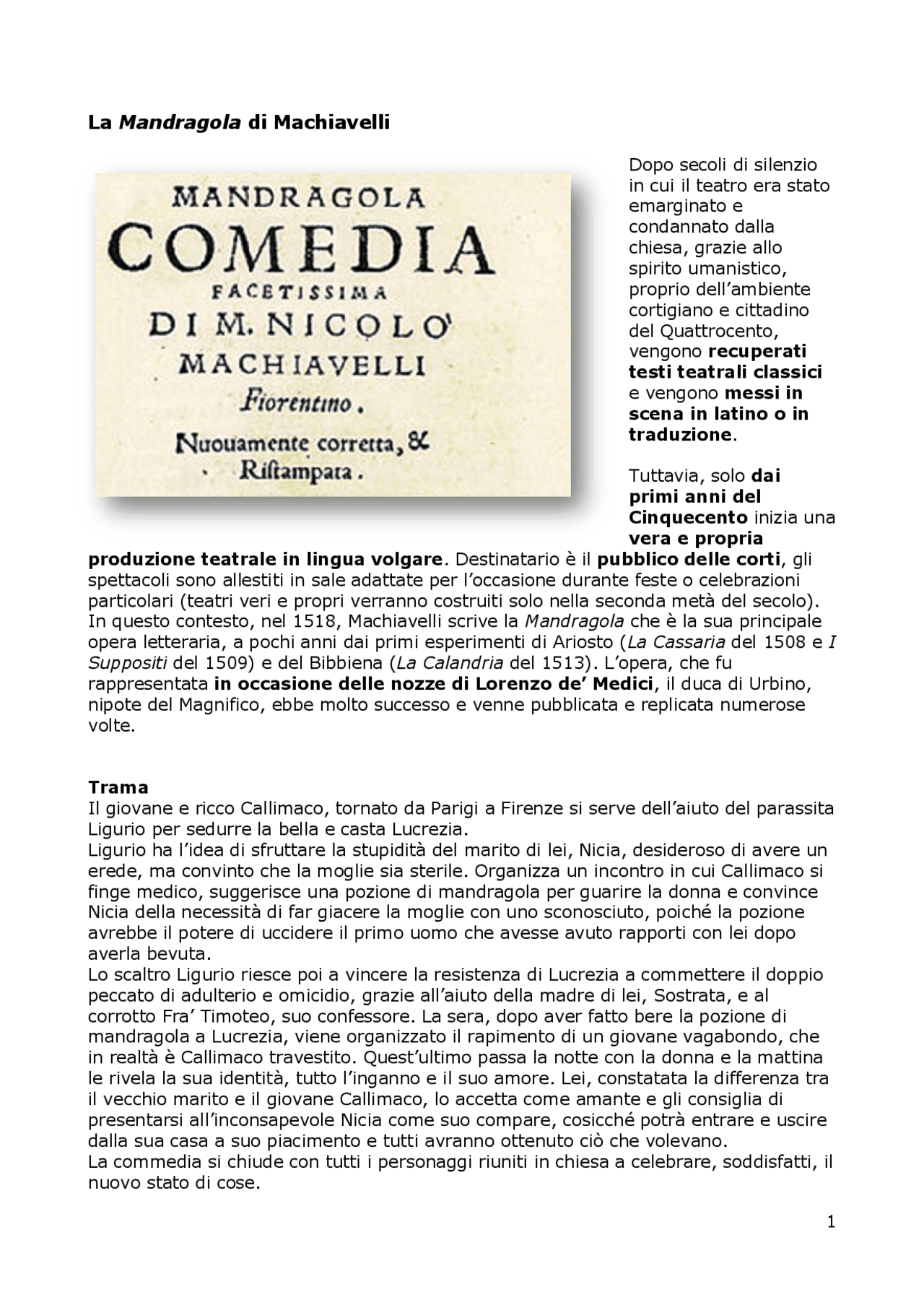 La Mandragola Machiavelli Docsity