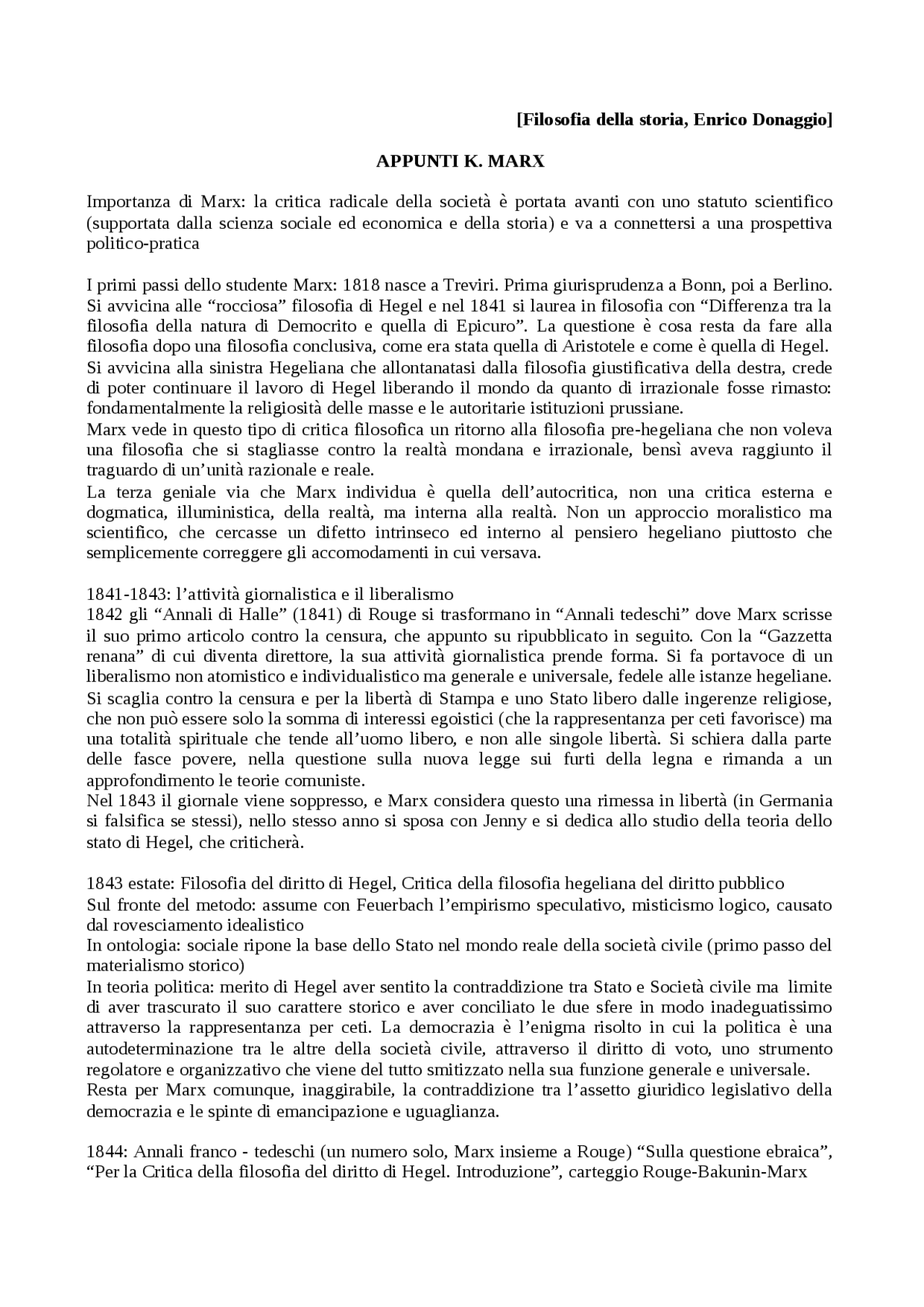 Riassunto Marx Carocci Editore Docsity