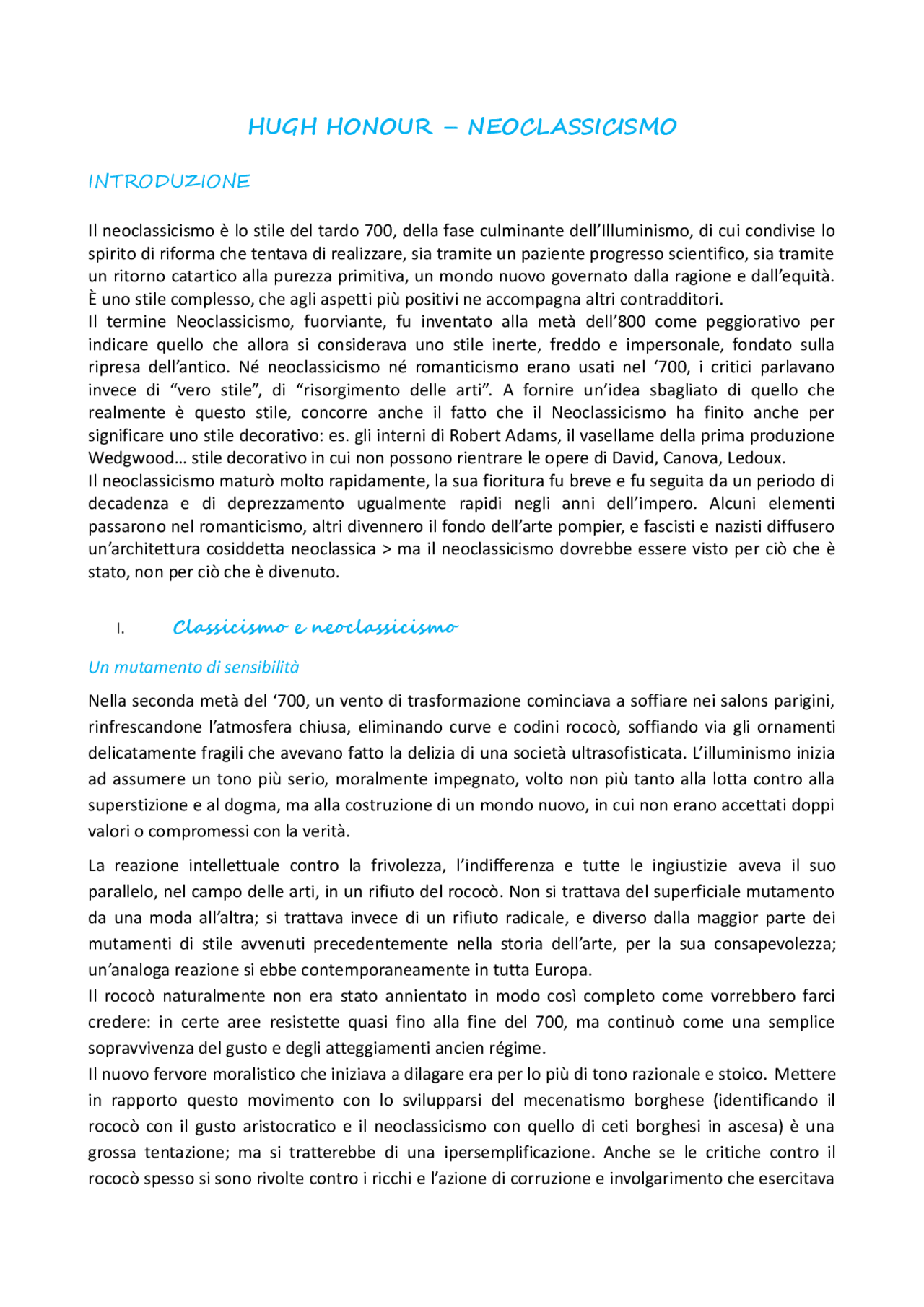 Hugh Honour Il Neoclassicismo Docsity