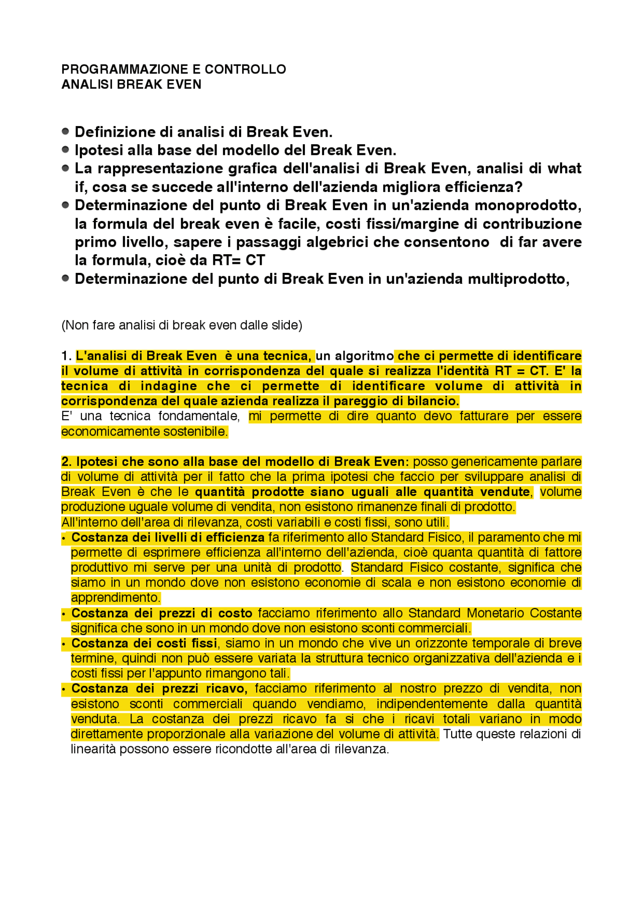 Analisi Break Even Point Teoria Esercizi Docsity