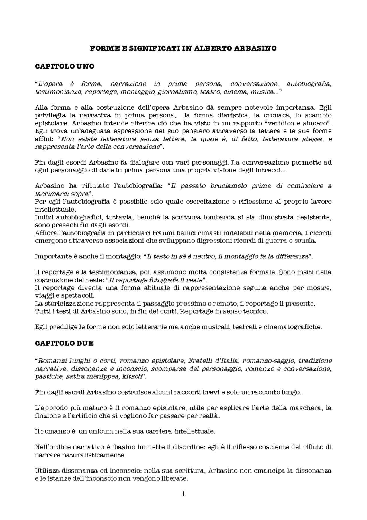 Riassunti Di Forme E Significati In Alberto Arbasino Docsity