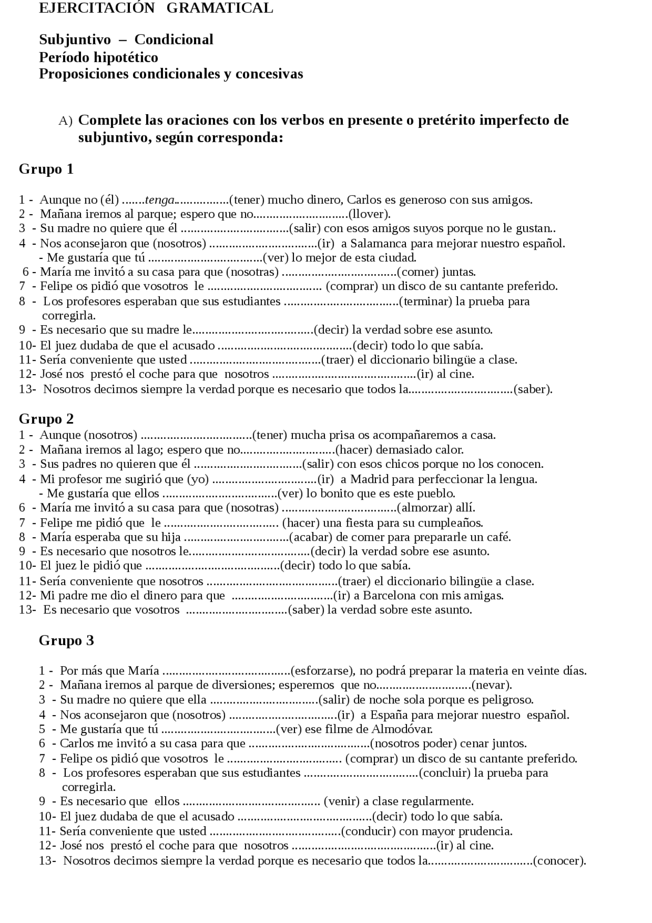 Ejercitación Gramatical Docsity