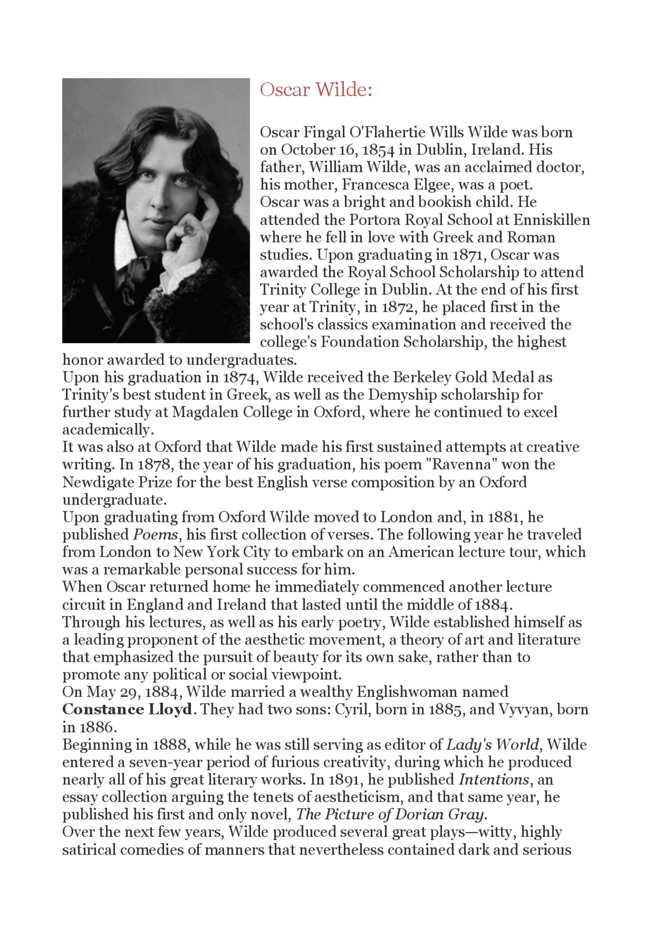 Oscar Wilde | Appunti di Inglese | Docsity