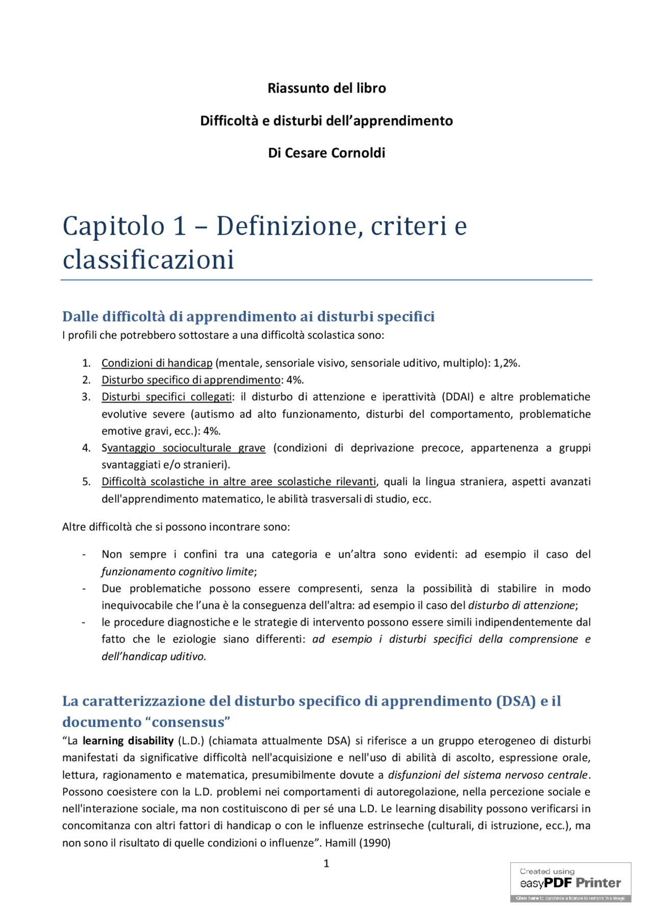 Cornoldi Difficoltà E Disturbi Dellapprendimento Docsity