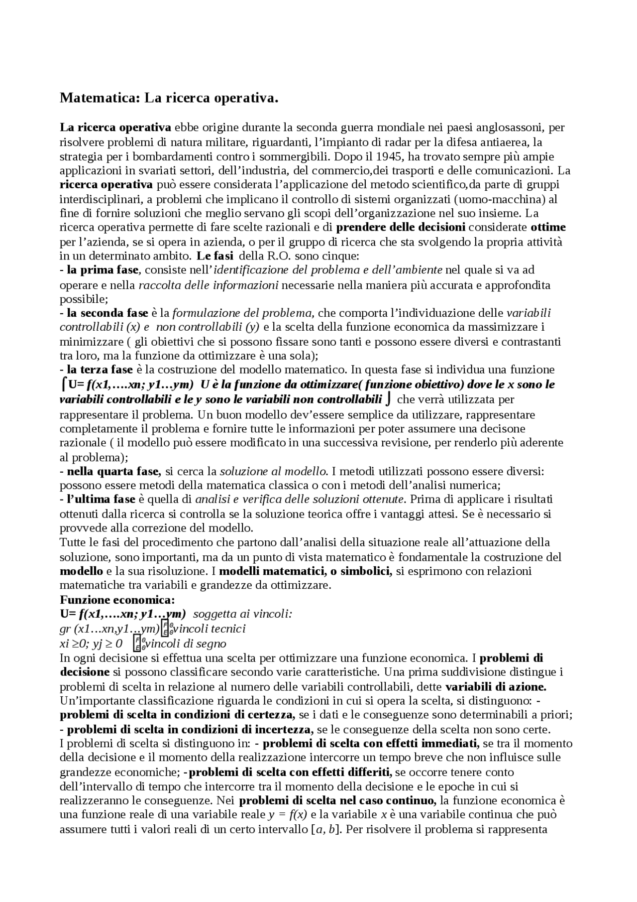 Matematica ricerca operativa - Docsity