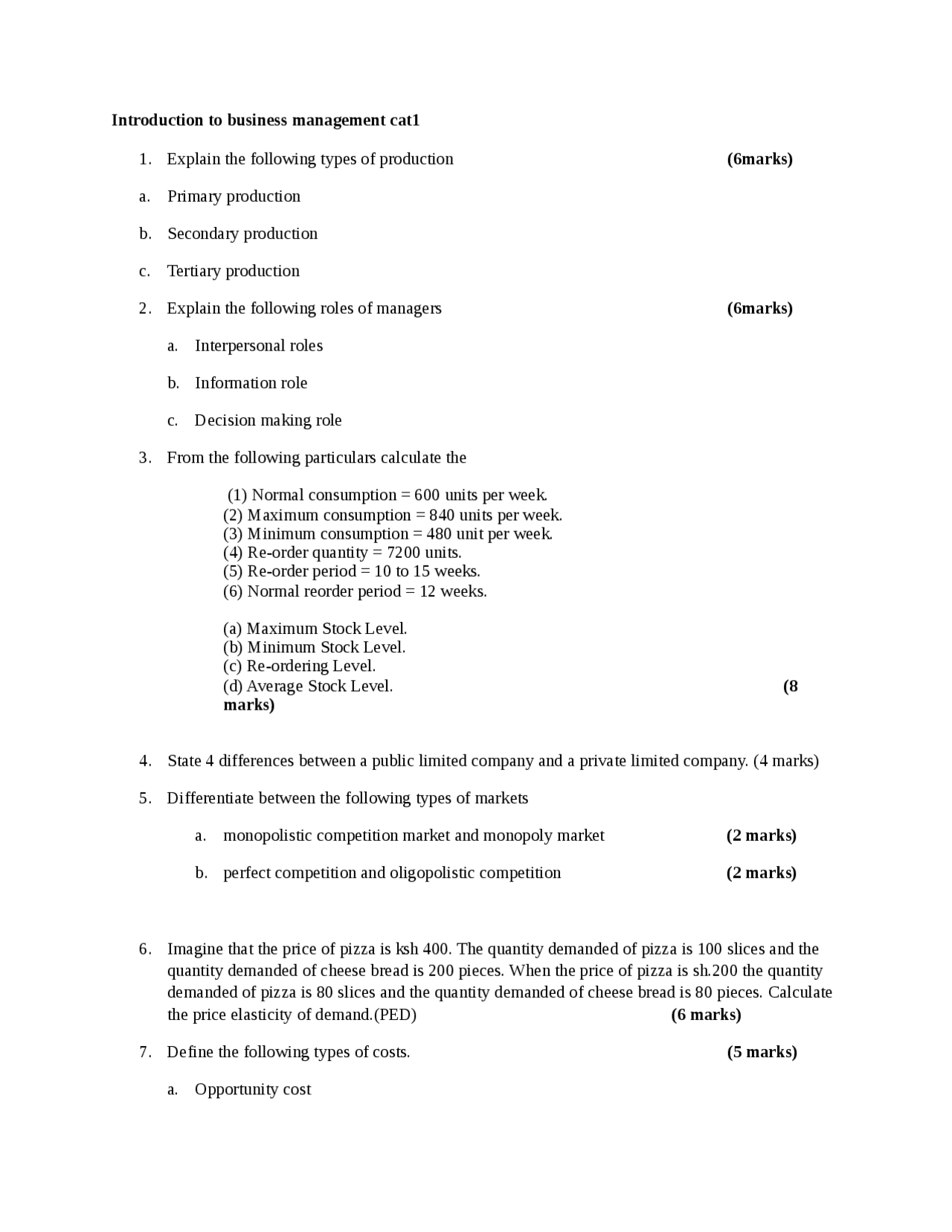 Introduction To Business Management Cat1 Docsity