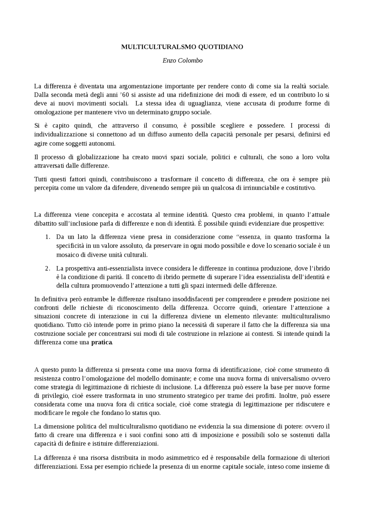 RIASSUNTO-Multiculturalismo quotidiano Enzo Colombo - Docsity